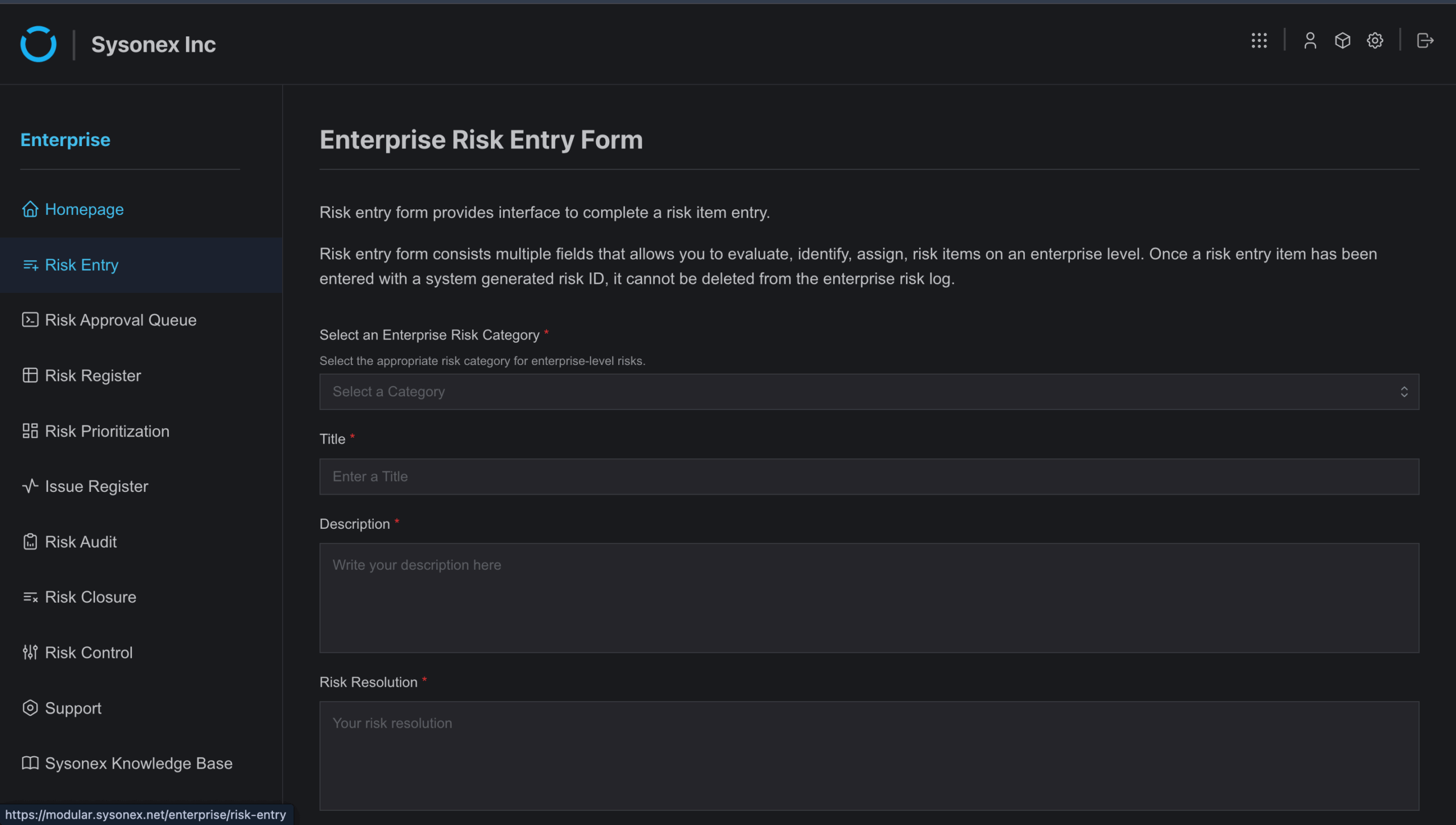 Risk Entry Page for ERM - Sysonex